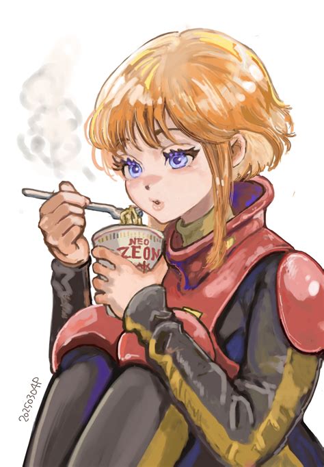 Okrdisk2000 Puru Two Gundam Gundam Zz Highres 1girl Cup Cup Ramen Disposable Cup Fork