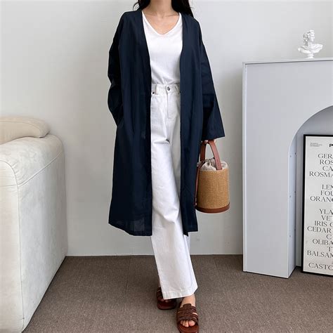 여성 오버핏 린넨 롱 로브 가디건 얇은 카디건 봄 가을 코트