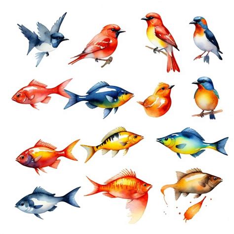 Una Colección De Peces Y Aves De La Colección Del Mismo Nombre Vector