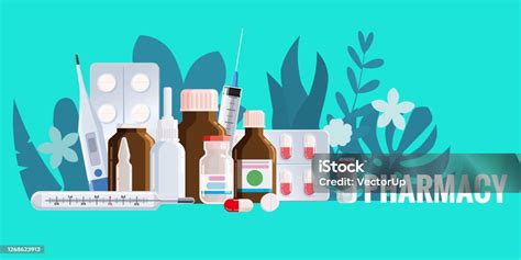 물집 스프레이 온도계 항아리 알약 약물 의료 병약국 템플릿 프레임 약국 벡터 만화 평면 일러스트 의학 및 헬스케어 배너 포스터 배경 벡터 격리 0명에 대한 스톡 벡터 아트