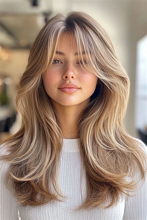 35 Curtain Bangs With Layered Long Hair Honey Blonde Layers With