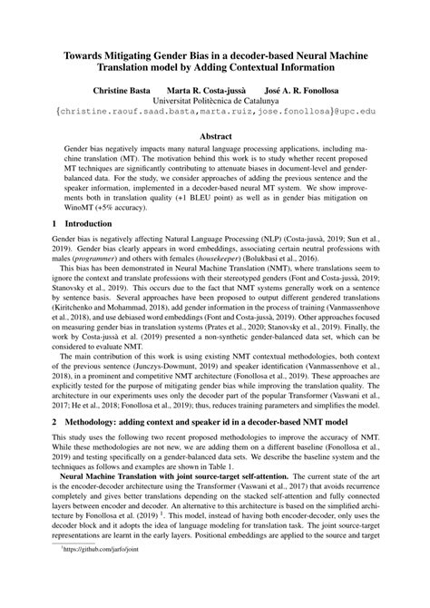 Pdf Towards Mitigating Gender Bias In A Decoder Based Neural Machine