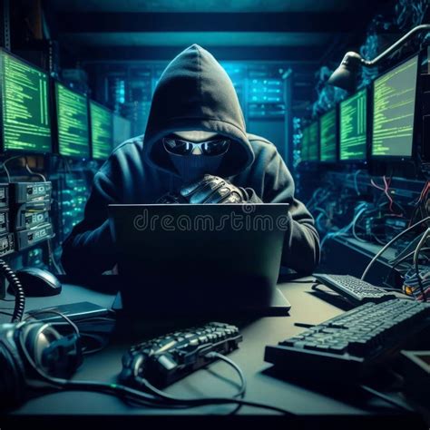 Hacker In Hood Stealing Data From Server Room Cybercrime Concept Stock Illustration