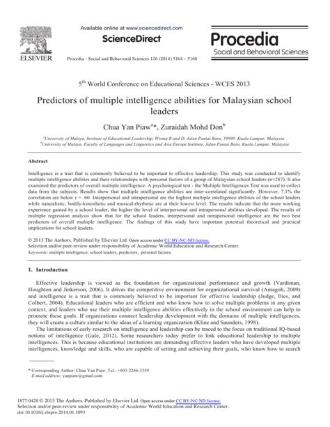 predictors of multiple intelligences abilities fot malaysian school leaders