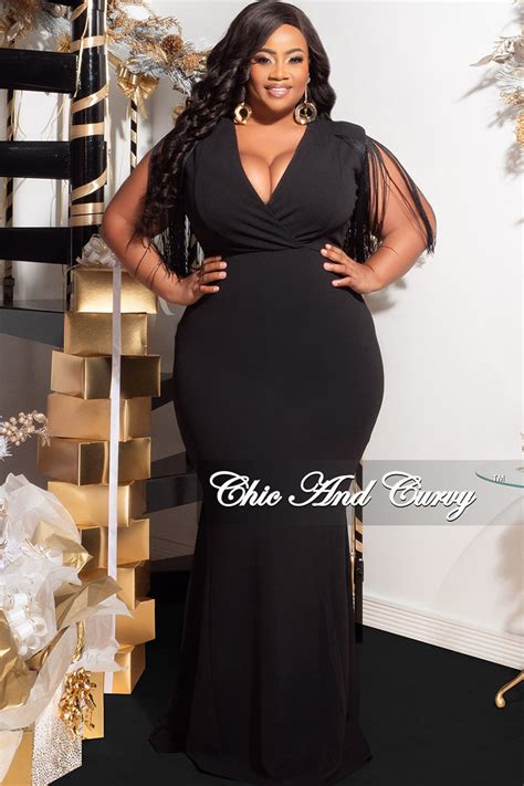 Final Sale Plus Size Fringe Shoulder Gown In Black Shopperboard
