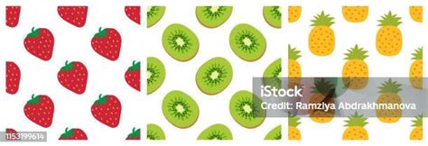 열 대 과일과 베리 완벽 한 패턴 세트입니다 딸기 키 위 및 파인애플 이국적인 패션 디자인입니다 옷 리넨 또는 커튼을 위한 음식 인쇄 손으로 그린 된 벡터 스케치 배경