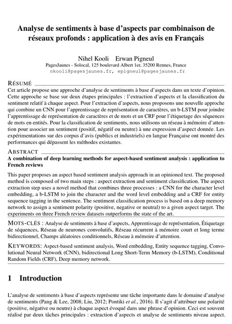 Pdf Analyse De Sentiments à Base Daspects Par Combinaison De Réseaux Profonds Application à