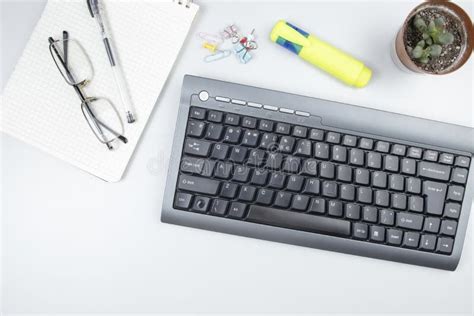 Office Desk With Computer Keyboard And Office Supplies Top View Stock Image Image Of Creative
