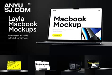 5款现代极简暗黑macbook笔记本电脑ui设计展示psd样机套装layla Macbook Mockups 安鱼设计资源丨优质平面设计资源共享站