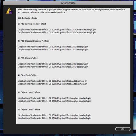 after effects warning there are duplicated effect adobe product