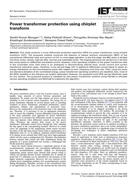 power transformer protection using chirplet transform pdf wavelet