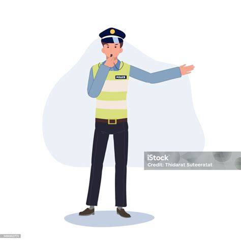 호루라기를 불고 다른 길로 가는 수신호를 하는 교통 경찰 플랫 벡터 만화 그림 경찰관에 대한 스톡 벡터 아트 및 기타 이미지 경찰관 교통 가리키기 Istock