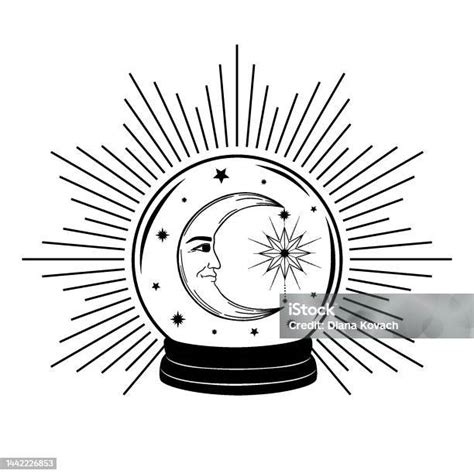 라인 아트에 얼굴이 있는 별과 달이 있는 신비로운 수정 구슬을 손으로 그렸습니다 마법 컬렉션 상징 부적 골동품 스타일 Boho 흰색 배경에 격리된 벡터 낙서 스케치 그림