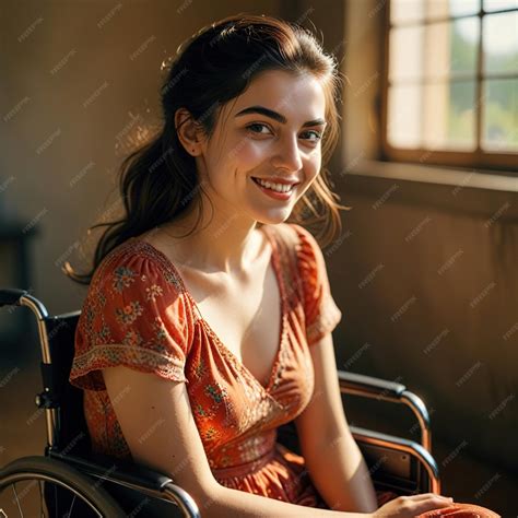 Confident Happy Handicapped Young Woman In Wheelchair Premium Ai