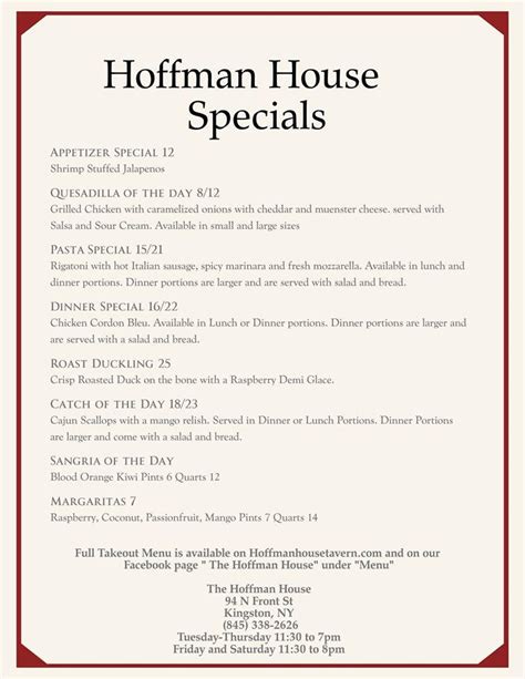 Menu At Hoffman House Restaurant Kingston
