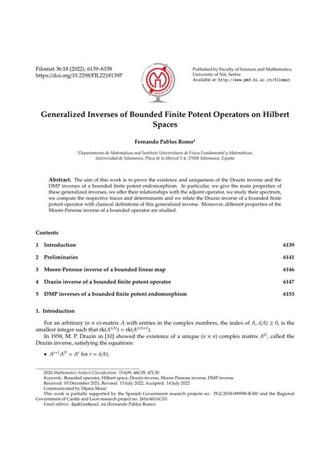 Pdf Generalized Inverses Of Bounded Finite Potent Operators On Hilbert Spaces
