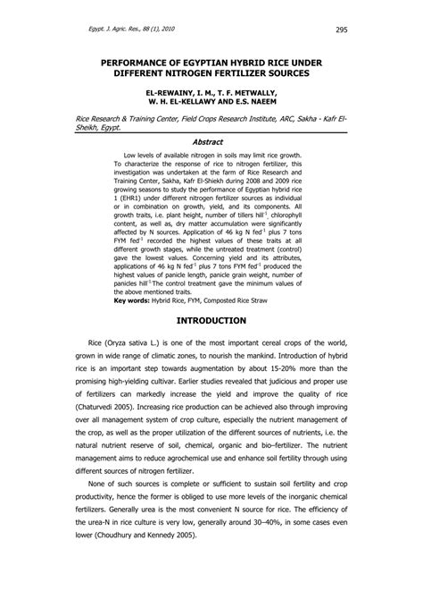 Pdf Performance Of Egyptian Hybrid Rice Under Different Nitrogen Fertilizer Sources