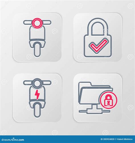 Set Line Ftp Folder And Lock Electric Scooter Lock Check Mark And Scooter Icon Vector Stock