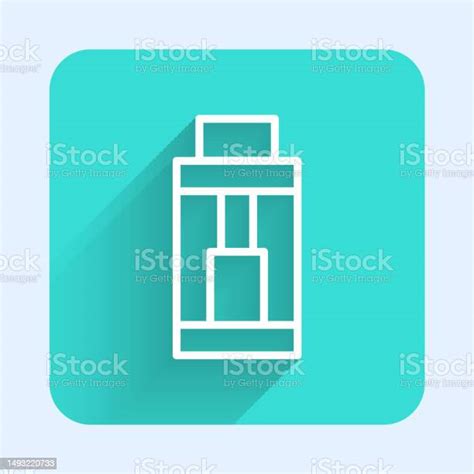 흰색 선 Vape 모드 장치 아이콘은 긴 그림자 배경으로 분리되어 있습니다 Vape 흡연 도구 기화기 장치 녹색 사각형