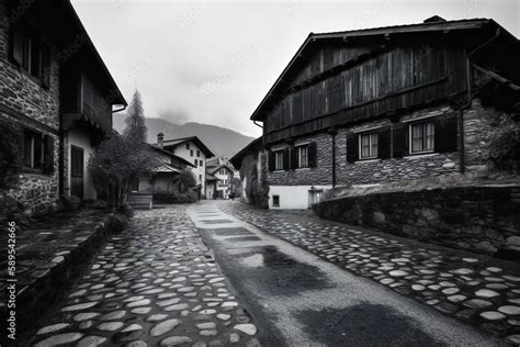 Schweizer Bergdorf bei Regen in schwarz-weiss aufgenommen. Stock ...