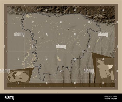 Sylhet Division Of Bangladesh Elevation Map Colored In Sepia Tones With Lakes And Rivers