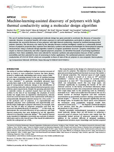 Pdf Machine Learning Assisted Discovery Of Polymers With High Thermal Conductivity Using A