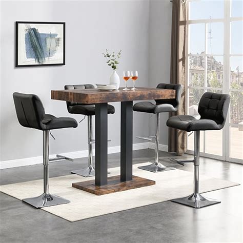 Caprice Small Rustic Oak Wooden Bar Table Candid Black Stools