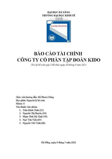 NHÓM NLKT ĐẠI HỌC ĐÀ NẴNG TRƯỜNG ĐẠI HỌC KINH TẾ BÁO CÁO TÀI CHÍNH