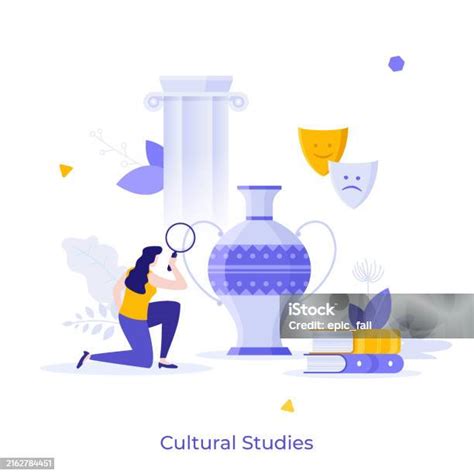 돋보기로 고대 꽃병을 조사하는 문화학자 문화학의 개념 문화 연구 문화 과학 역사 유산 현대 평면 벡터 일러스트 레이 션 배너