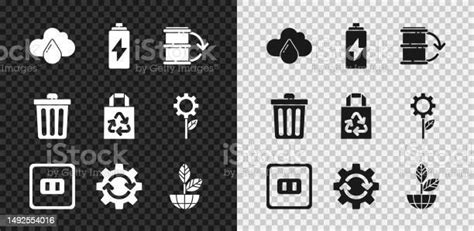 비 배터리 에코 연료 배럴 전기 콘센트 기어 및 화살표를 워크 플로 지구 지구 식물 쓰레기통 및 종이 봉지 재활용 아이콘으로 구름을 설정합니다 벡터 0명에 대한 스톡 벡터