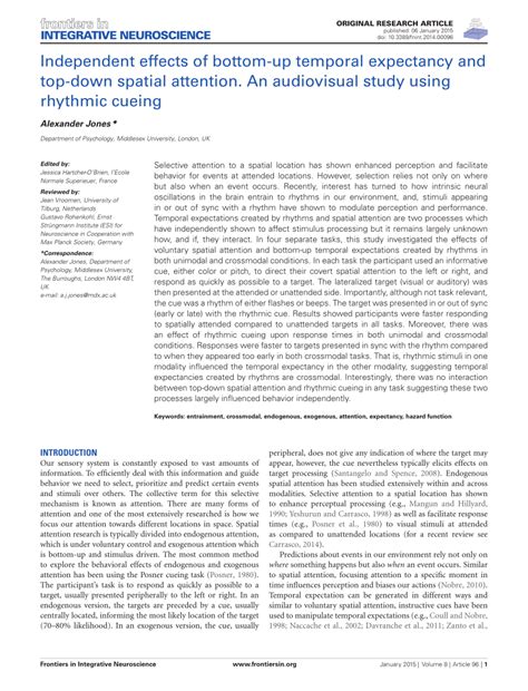 Pdf Independent Effects Of Bottom Up Temporal Expectancy And Top Down Spatial Attention An