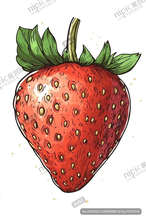 Ai创作图草莓 手绘 插画 果实 红色 绿叶 卡通 水果 图案 素材 艺术 设计 美味 香甜 新鲜 昵图网
