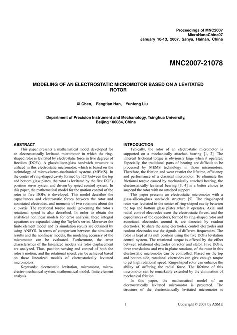 Pdf Modeling Of An Electrostatic Micromotor Based On A Levitated Rotor