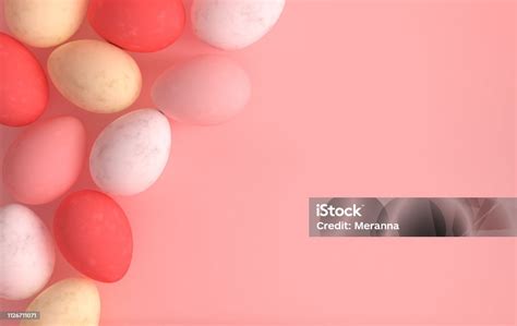 파스텔 핑크 노란색 빨간색 대리석 부활절 달걀에 분홍색 배경입니다 3d 렌더링 디지털 생성 된 서식 파일입니다 행복 한 부활절 큰 사냥 또는 판매 배너 0명에 대한 스톡
