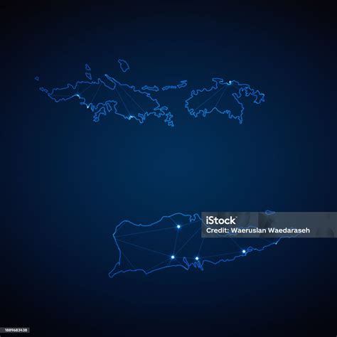 추상 Wireframe 메쉬 다각형지도 와 미국 버진 아일랜드 와 빛 와 도시의 와 진한 파란색 배경 에 벡터 일러스트 레이 션 Eps10 0명에 대한 스톡 벡터 아트 및