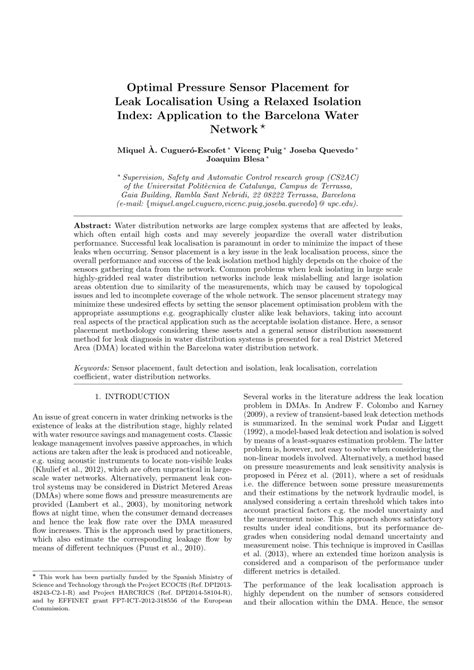Pdf Optimal Pressure Sensor Placement For Leak Localisation Using A Relaxed Isolation Index