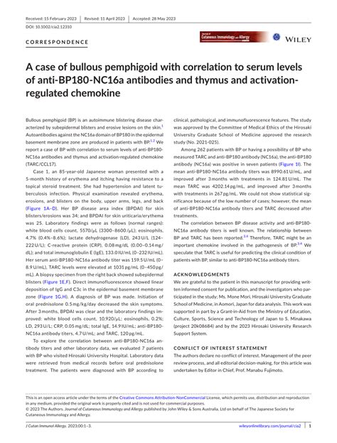 Pdf A Case Of Bullous Pemphigoid With Correlation To Serum Levels Of Anti‐ Bp180‐nc16a