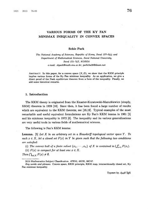 Pdf Various Forms Of The Ky Fan Minimax Inequality Kyodo Kokyuroku Contents Pdf 2010