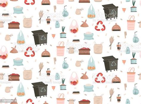 손으로 그린된 벡터 추상 만화 현대 그래픽 일러스트 아트 원활한 패턴 제로 폐기물 Ans 저장 행성 삽화 개념 흰색 배경에 고립 쇼핑에 대한 스톡 벡터 아트 및 기타 이미지