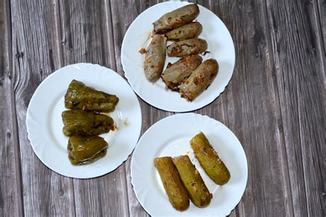 박제 스쿼시 호박 Mahshi 가지 포장 된 포도 잎과 흰 쌀 양파 파슬리 딜과 고수풀로 가득 찬 피망 Mahshy의 아랍 이집트 전통 요리 0명에 대한 스톡 사진 및 기타