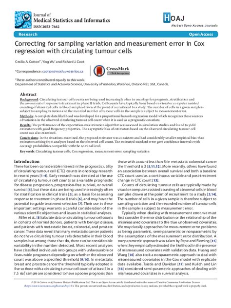 Pdf Correcting For Sampling Variation And Measurement Error In Cox Regression With Circulating