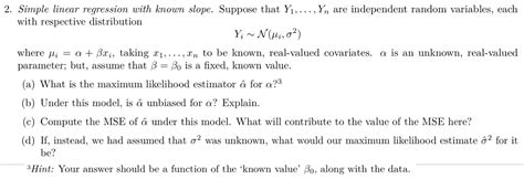 Solved Simple Linear Regression With Known Slope Suppose