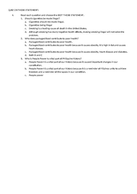 Quiz On Thesis Statement Quiz On Thesis Statement I Read Each