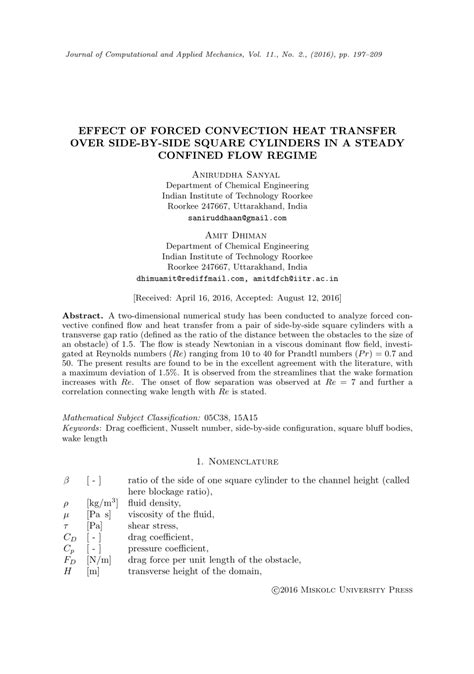 Pdf Effect Of Forced Convection Heat Transfer Over Side By Side Square Cylinders In A Steady