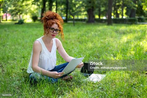 랩톱에서 작업 공원에서 잔디에 앉아 여자 야외에서 일하는 빨간 머리 여성 프리랜서 과로에 대한 스톡 사진 및 기타 이미지 과로 나무 낮 Istock