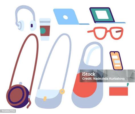 만화 여성 캐릭터 액세서리 사무실 작업 개체입니다 노트북과 헤드폰 캐주얼 한 옷을 입은 활동적인 여성 안경과 전화 패션 가방 파우치 또는 지갑 벡터 요소 세트 0명에 대한