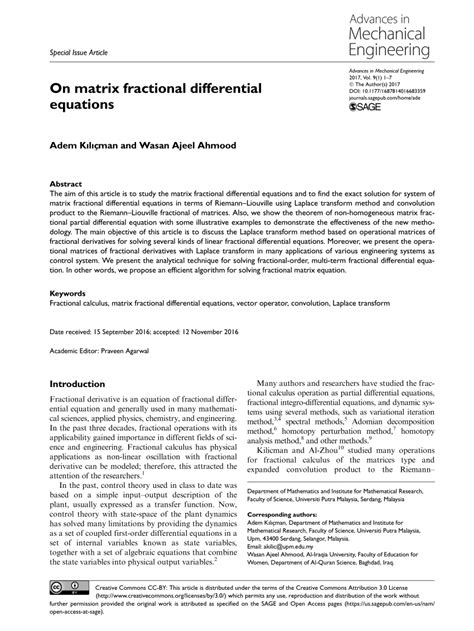 Pdf On Matrix Fractional Differential Equations