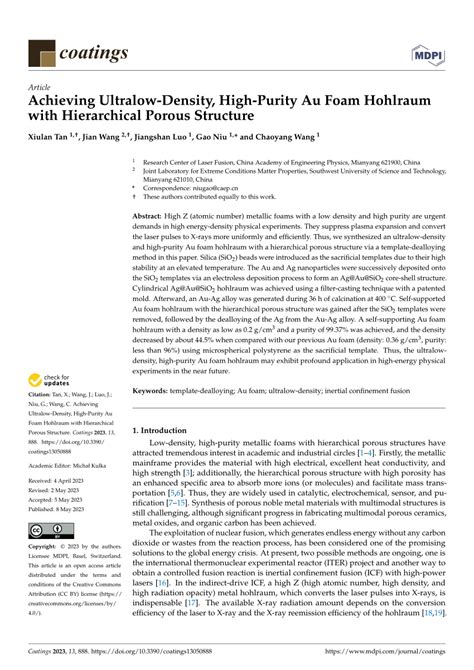 Pdf Achieving Ultralow Density High Purity Au Foam Hohlraum With
