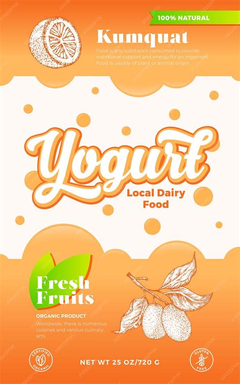 과일과 열매 요구르트 라벨 템플릿 추상적인 벡터 유제품 포장 디자인 레이아웃 거품과 손으로 그린 금귤 스케치 실루엣 배경 절연 현대 인쇄 술 배너 프리미엄 벡터