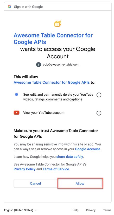 Log In The Youtube Connector Documentation — Awesome Table Support